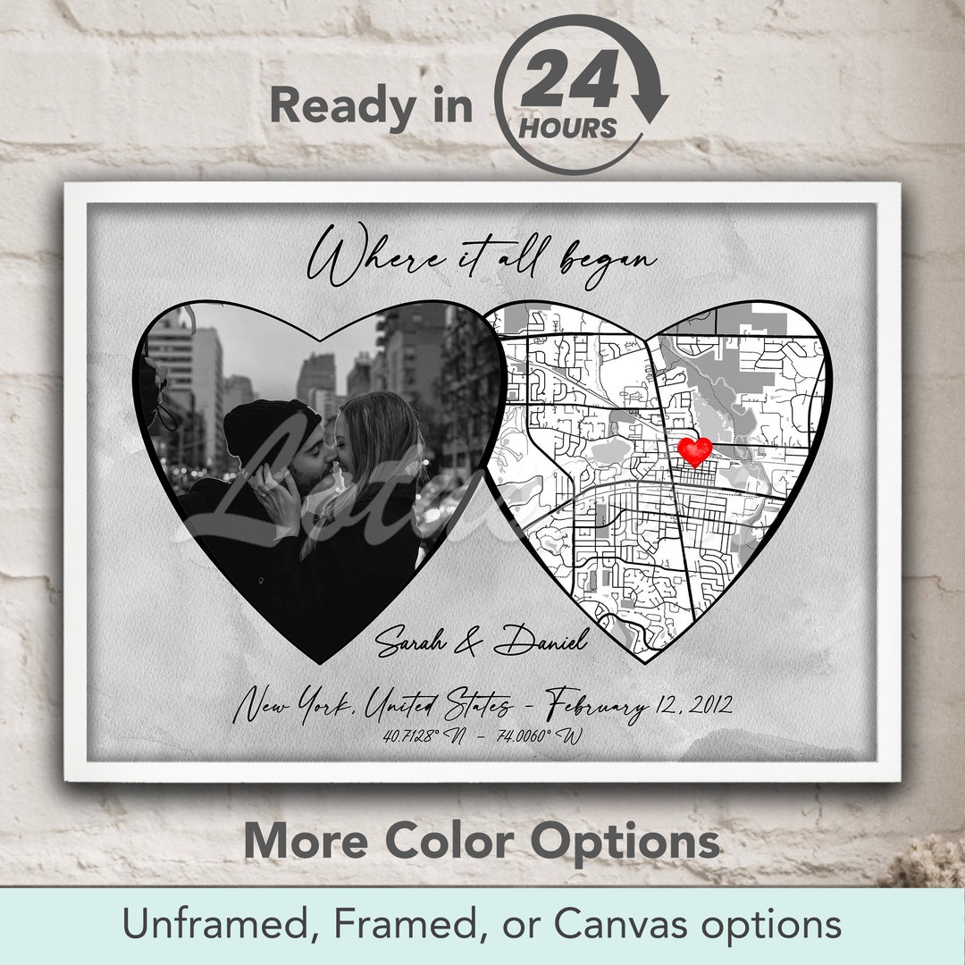 Custom Location Map Loving Couple Photo Art Print Where It All Began ...