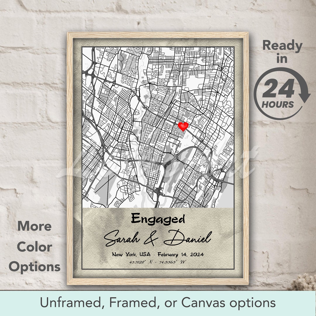 Personalized Engagement Gift, Custom Map Print, for Newly Engaged ...