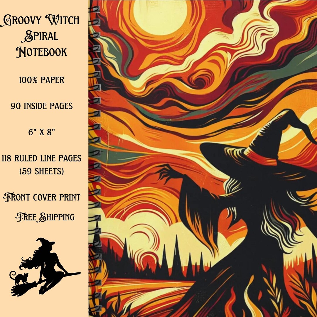Groovy Retro Witch Spiral Notebook, Halloween Witch Notebook, Retro ...