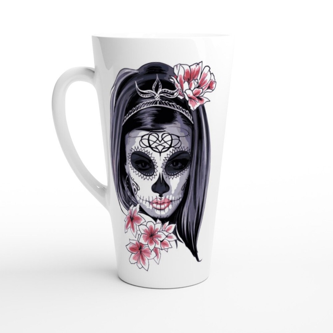 Floral Skull Latte Mug, Tall Coffee Cup, Day of the Dead Mug, Brunette ...