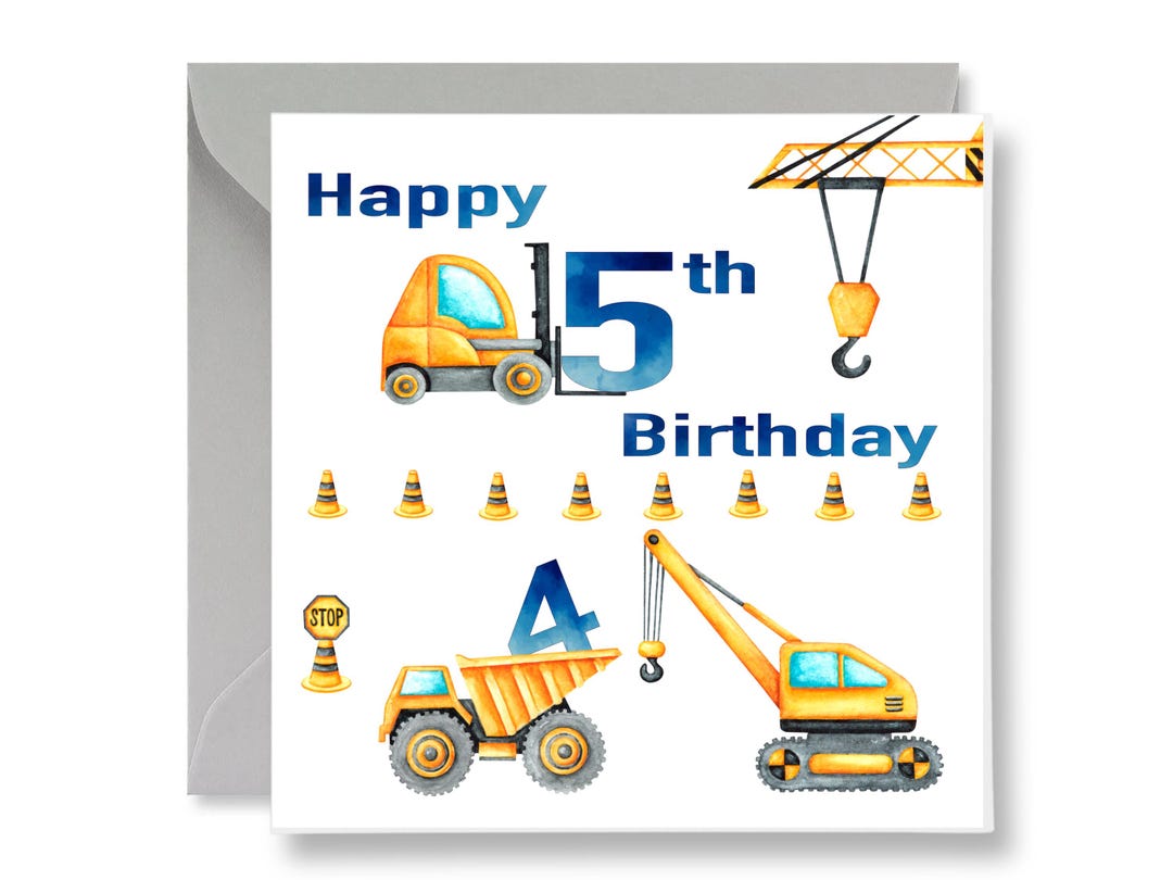 Happy 5th Birthday Card for Kids, Construction Theme, Perfect Gift for ...