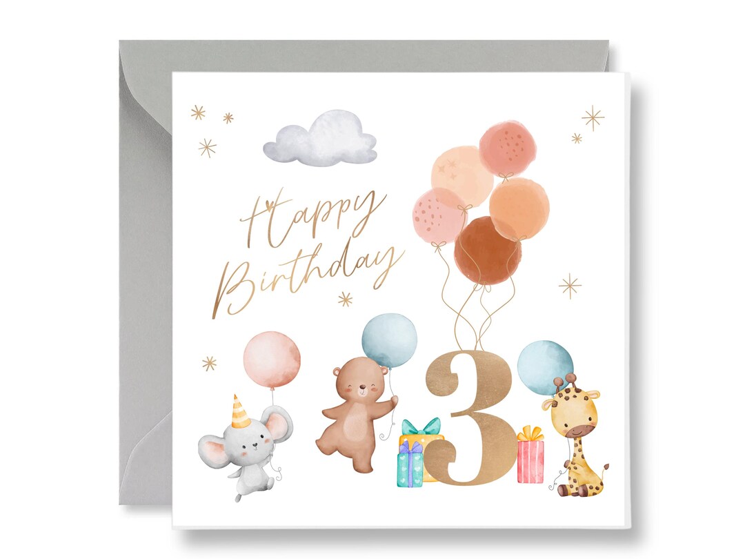 Third Birthday Card, Cute Animals Watercolor Design, Gold Text ...