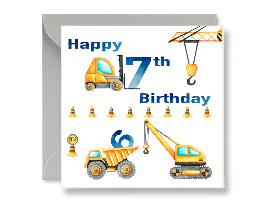 Happy 7th Birthday Card for Kids, Construction Theme, Perfect Gift for ...