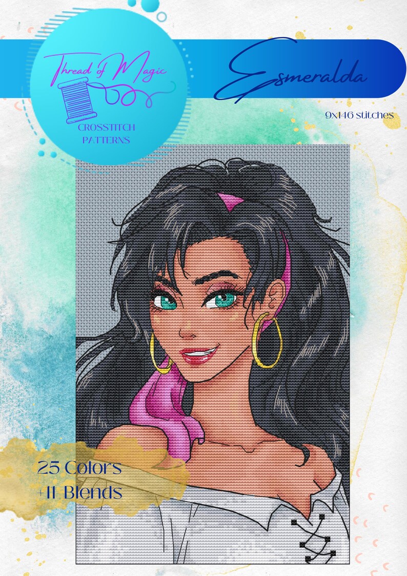 Esmeralda Portrait Cross Stitch Pattern PDF File Instant Download DMC Floss Hand Embroidery Aida ...