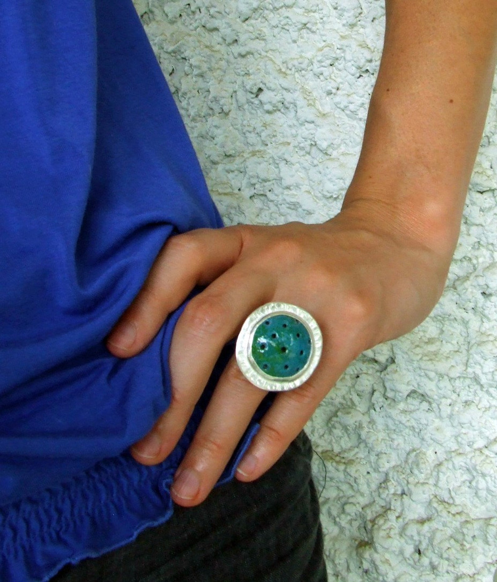 Handmade Enamel and Sterling Silver JETSON RING in Blue Green Turquoise ...
