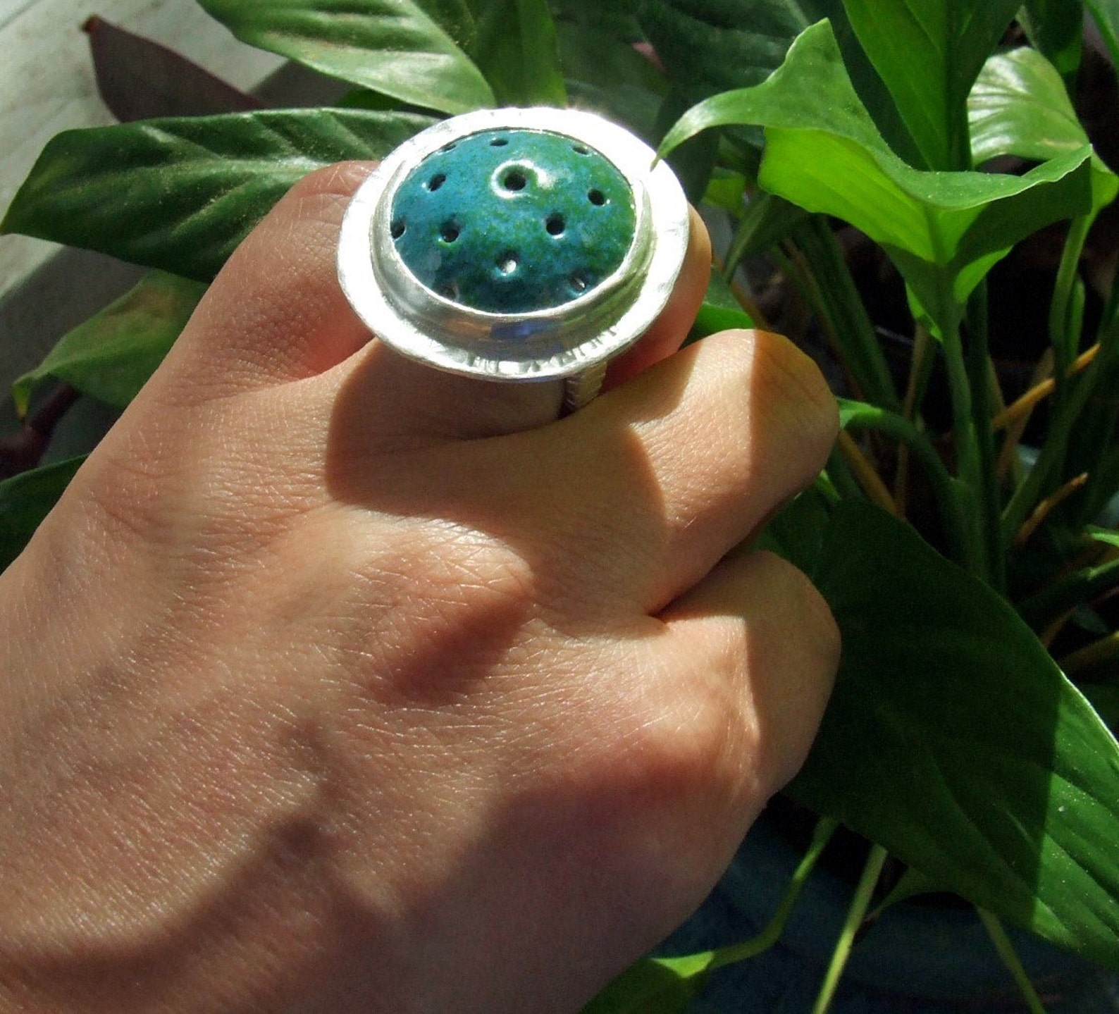 Handmade Enamel and Sterling Silver JETSON RING in Blue Green Turquoise ...