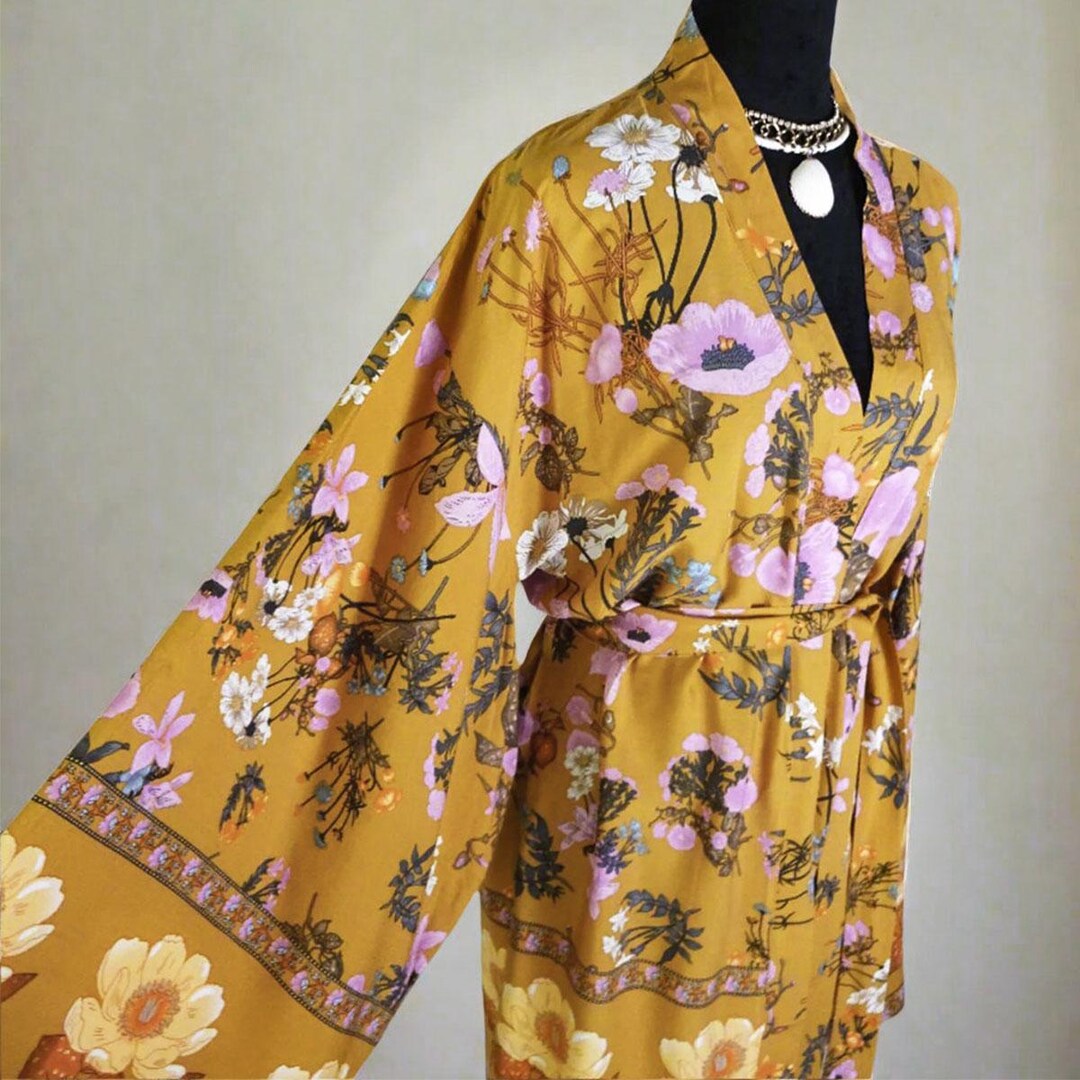 Boho Kimono Robe, Golden Glow Floral Kimono Robe Cardigan Jacket, Short ...