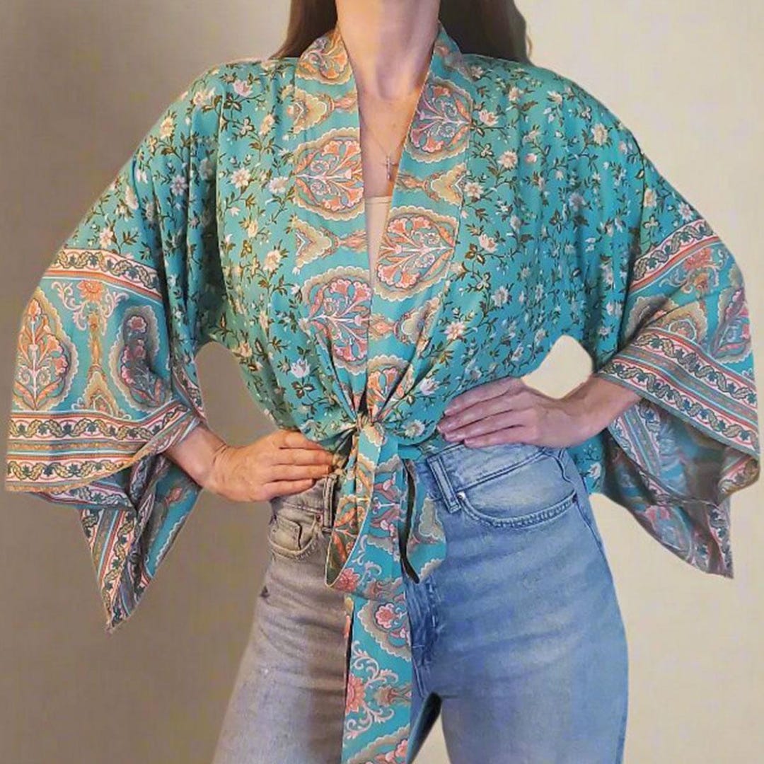 Boho Crop Top, Ethereal Bloom Floral Kimono Wrap Top, Beach Coverup ...