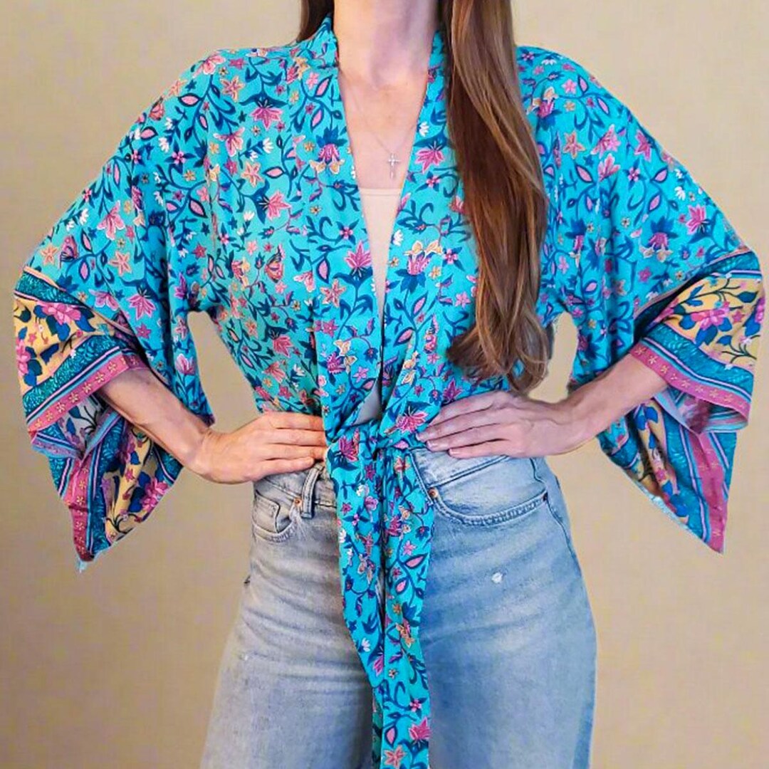 Boho Crop Top - Blue Butterfly Floral Kimono Wrap Top, Beach Coverup ...