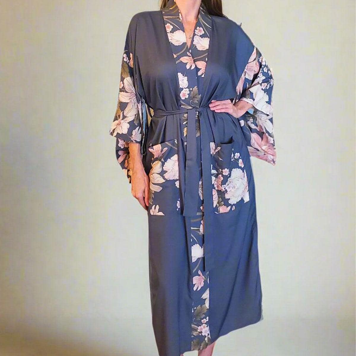 Peacock Kimono Robe, Long Soft Lightweight Silky Blue Floral Robe ...