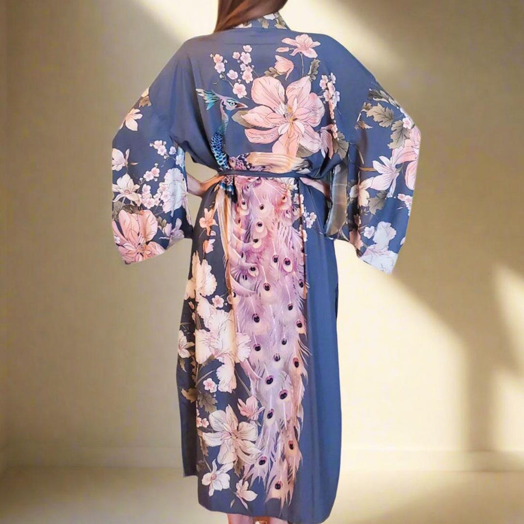 Blue Floral Peacock Kimono Robe, Lightweight Vintage-inspired Boho ...