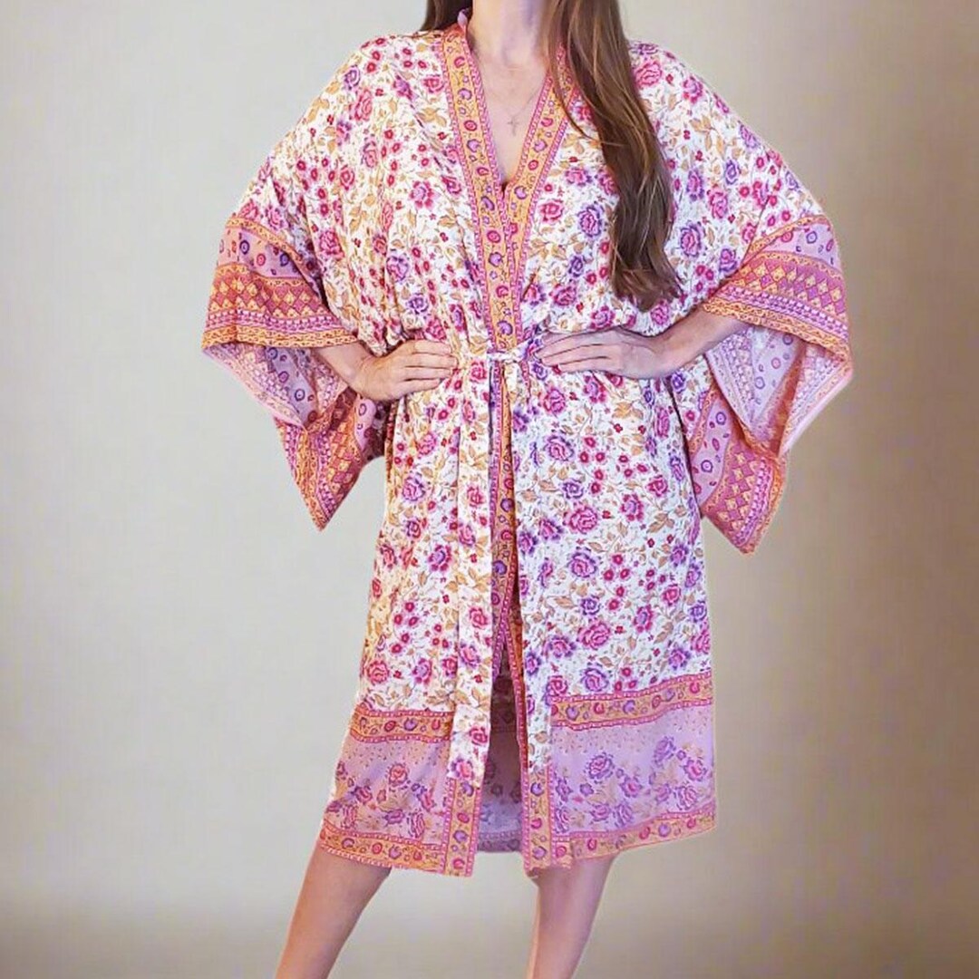 Kimono Robe - Pink Petal Floral Boho Cotton Robe, Beach Coverup, Bridal ...