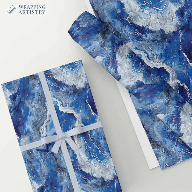 Blue Marble Wrapping Paper, Luxury Gift Wrap, Blue White & Grey ...
