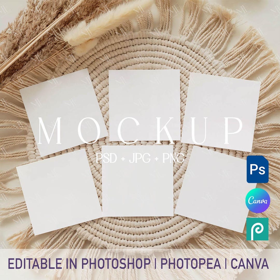 Six Square Card Mockup Canva, Boho Invitation Mockup 5x5, Greeting ...
