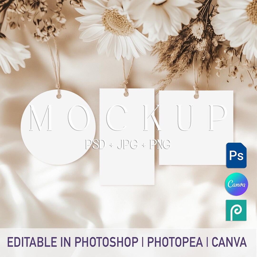 Boho Tag Mockup Set, Round Square Rectangle Favor Labels PSD PNG Canva ...