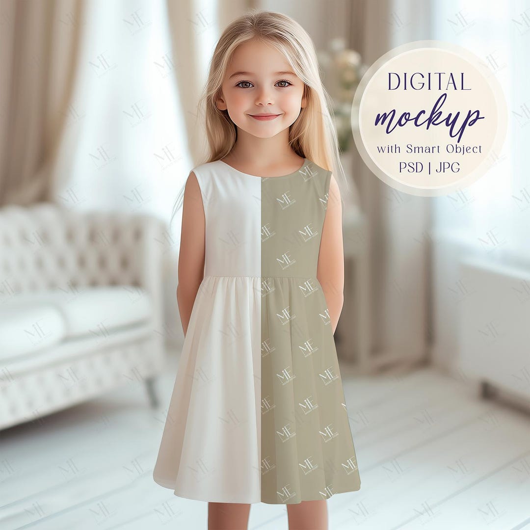 Kids Dress Mockup, Girl Line Outfit Template PSD, Child Fashion Fabric ...