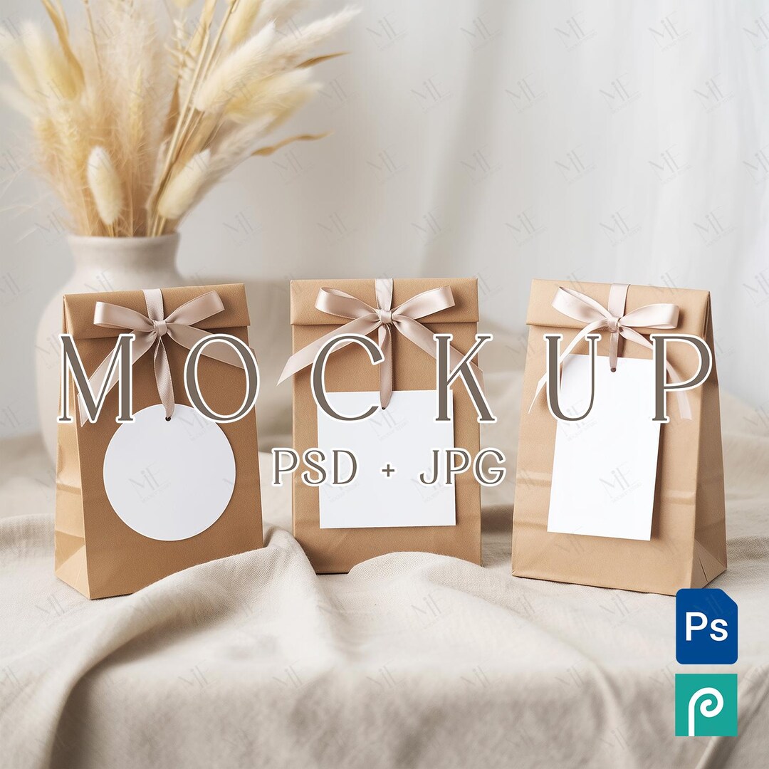 Gift Tag Set Mockup, Round Square Rectangular Label PSD, Boho Favor Box ...