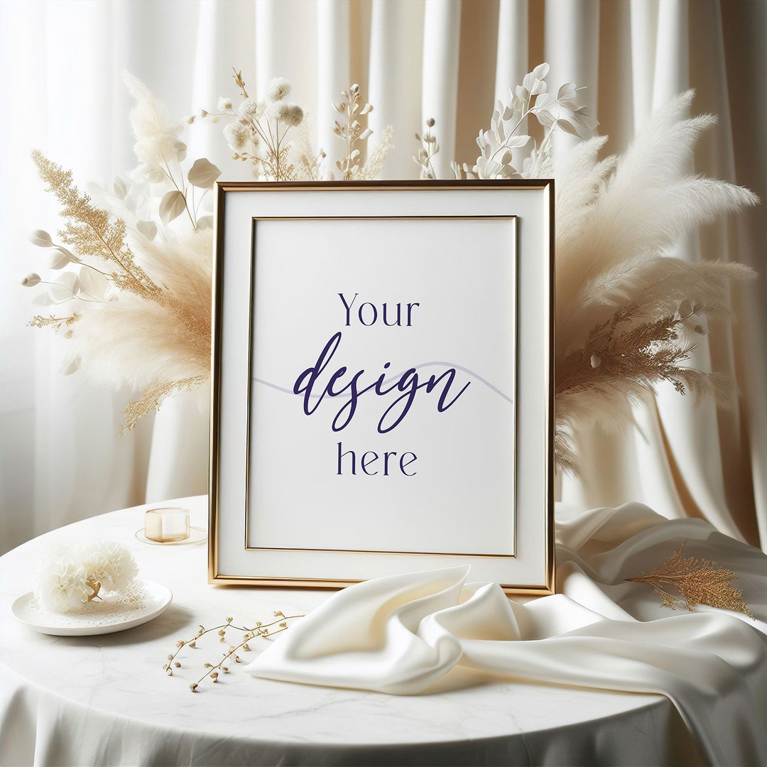 Table Sign Mockup, 8x10 Gold Frame PSD, Boho Framed Sign Wedding Menu ...