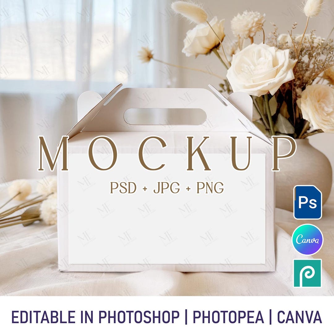 Gable Box Mockup PSD PNG, Wedding Favor Box Label Canva Mock-up, Treat ...