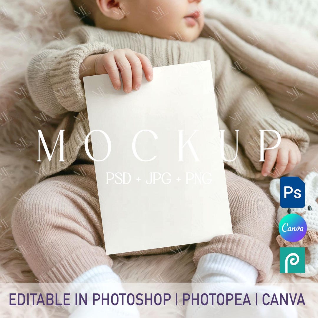 Baby Milestone Cards Mockup, Neutral Baby Invitation PNG PSD Template ...