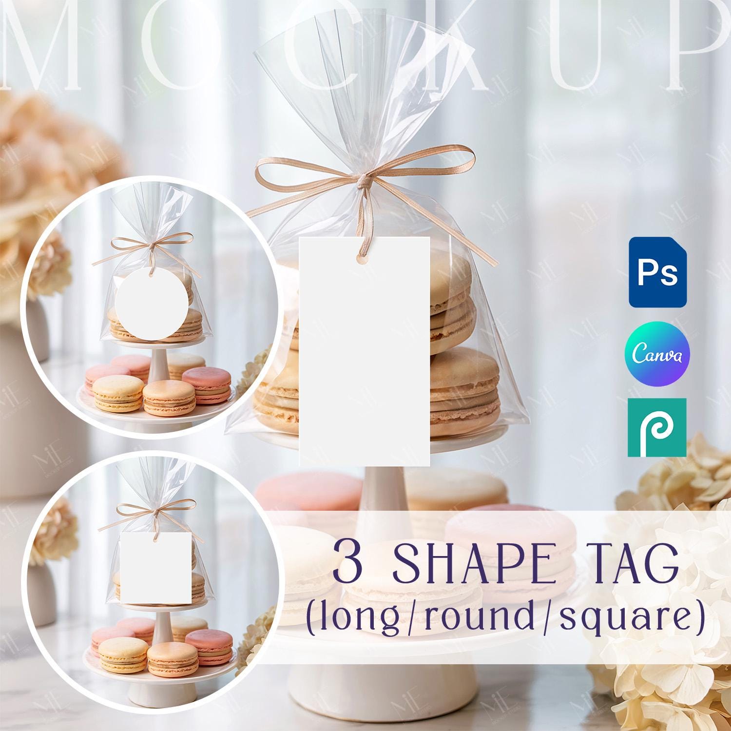 Baby Shower Gift Tag Mockup, Macaron Treat Bag Long Round Square Label ...