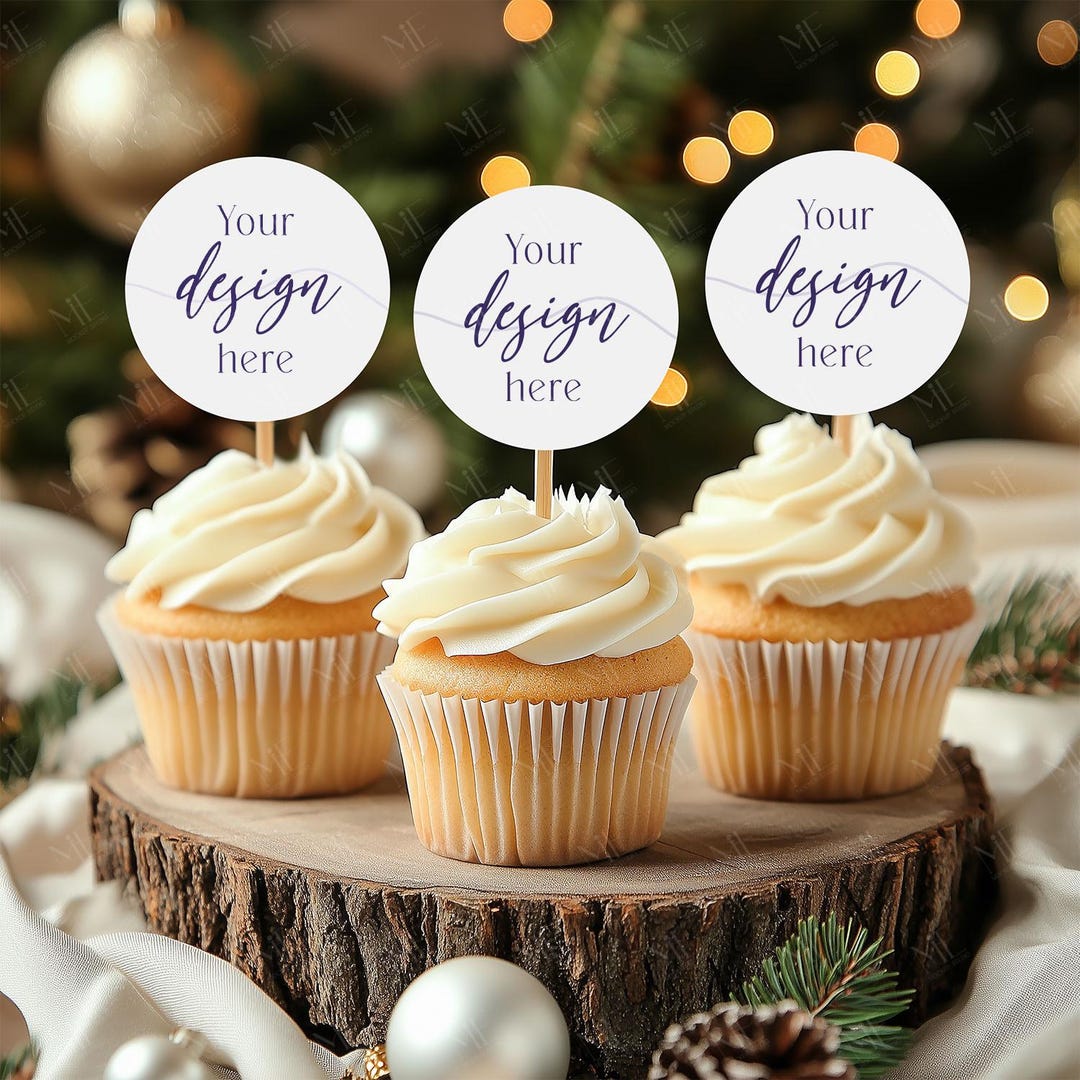 Christmas Cupcake Toppers Mockup, Circle Cupcake Mockup, Holiday ...