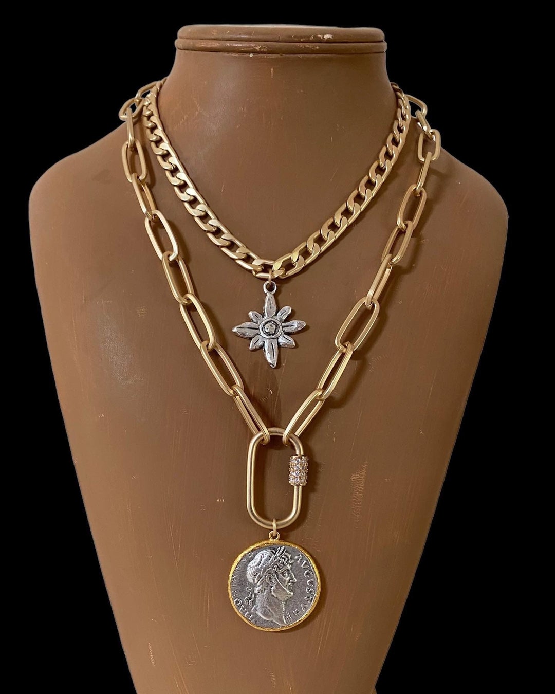 Matte Silver and Gold Coin Pendant Necklace, Three Styles, Layering ...