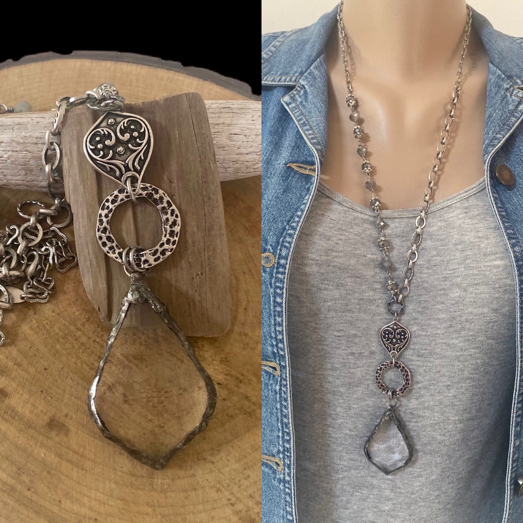 Long and Bold Hand Soldered Crystal Pendant Necklace, Layering Jewelry ...