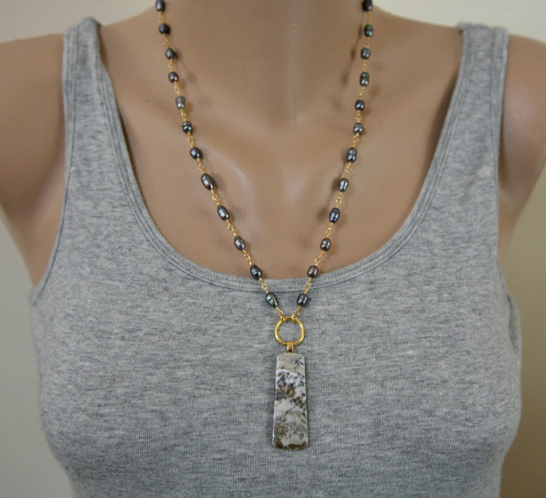 Silver Lace Onyx Pendant Necklace: Dark Peacock Grey Pearl, Gold Plated ...