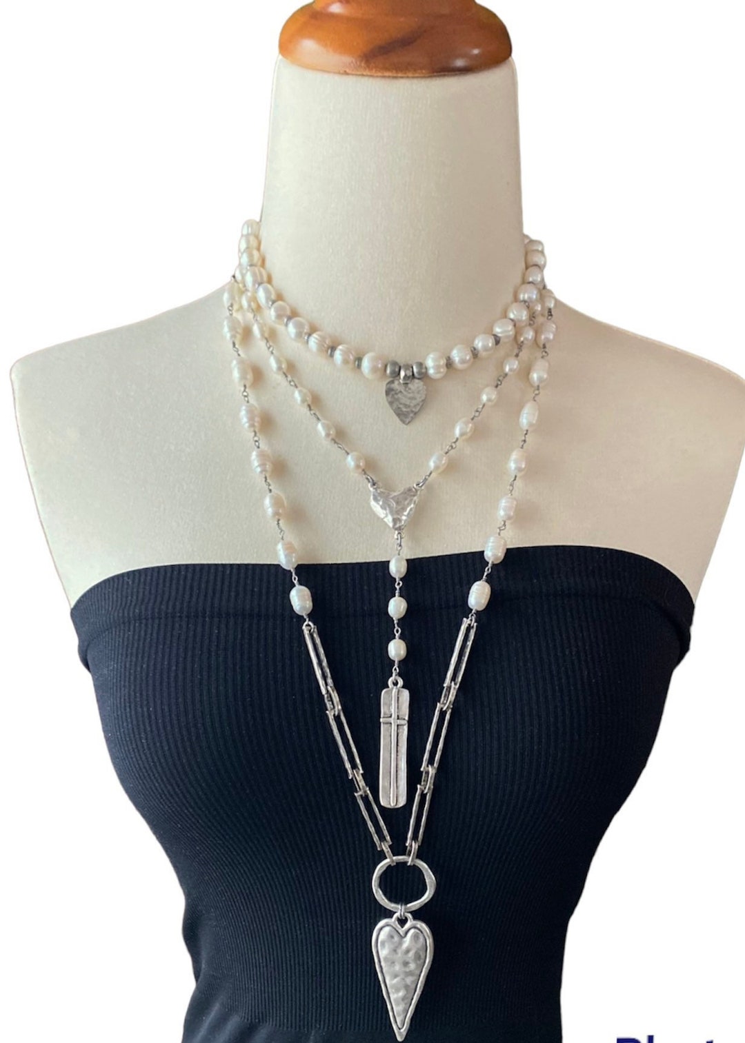 Three Strand Layered Pearl and Matte Silver Heart Pendant Necklace ...
