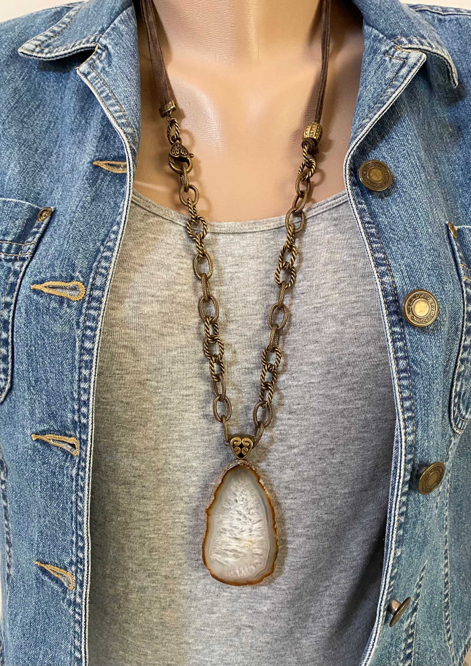 Large Quartz Geode Pendant Leather Cord Long Necklace, Bohemian Jewelry ...