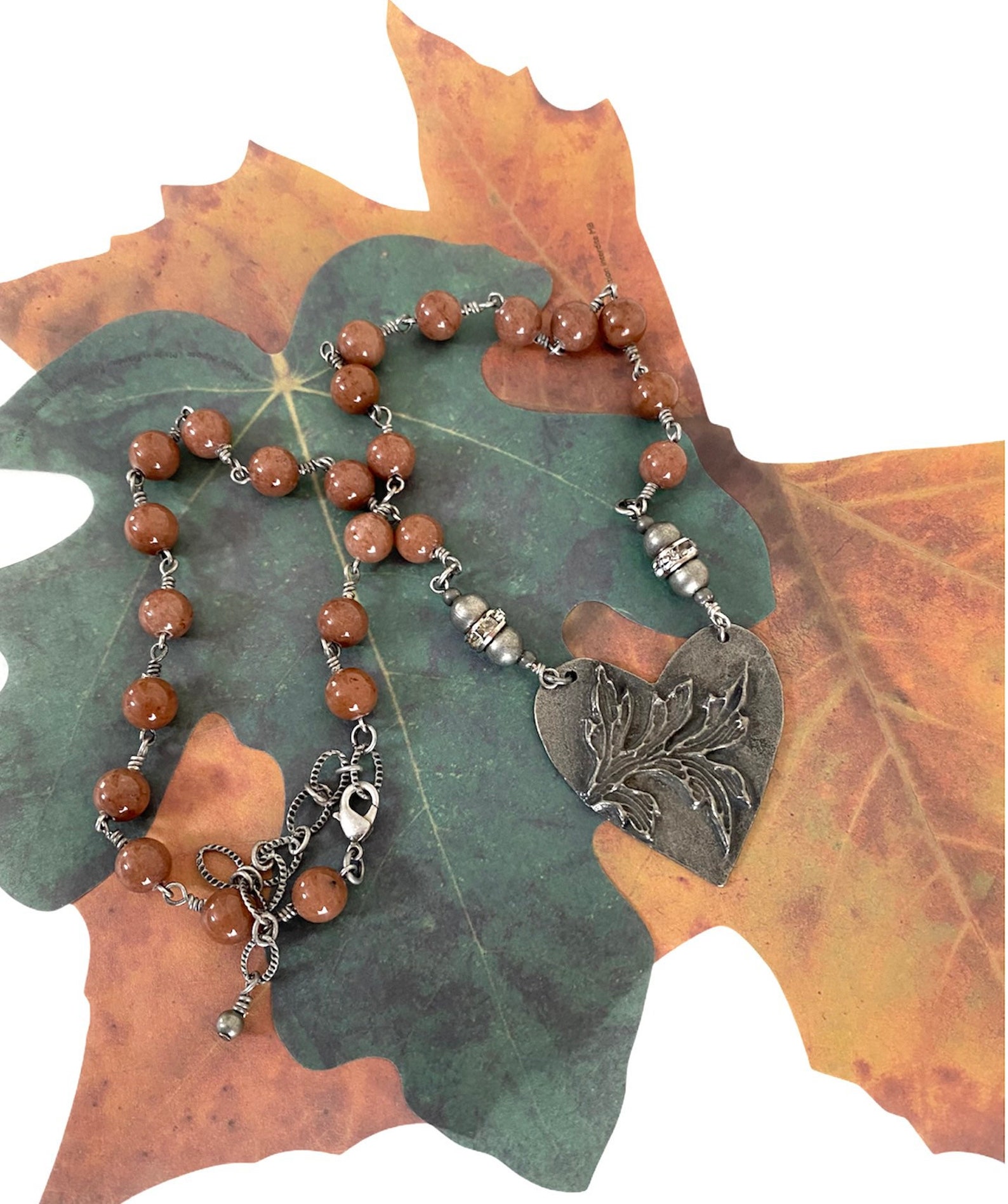 Antiqued Floral Heart Pendant Carmel Jade Necklace, Valentines Day ...