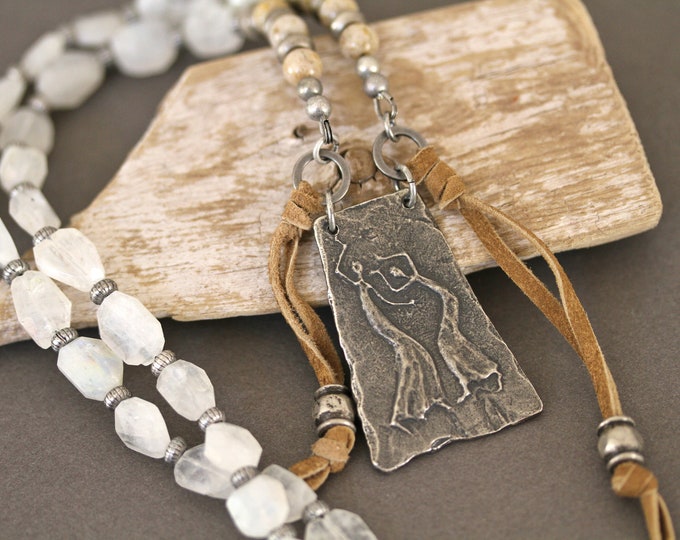 Primitive Tribal Pendant and Moonstone Nugget Necklace, Oxidized ...