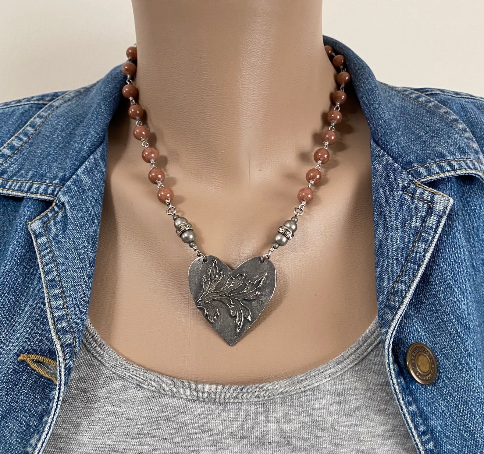 Antiqued Floral Heart Pendant Carmel Jade Necklace, Valentines Day ...