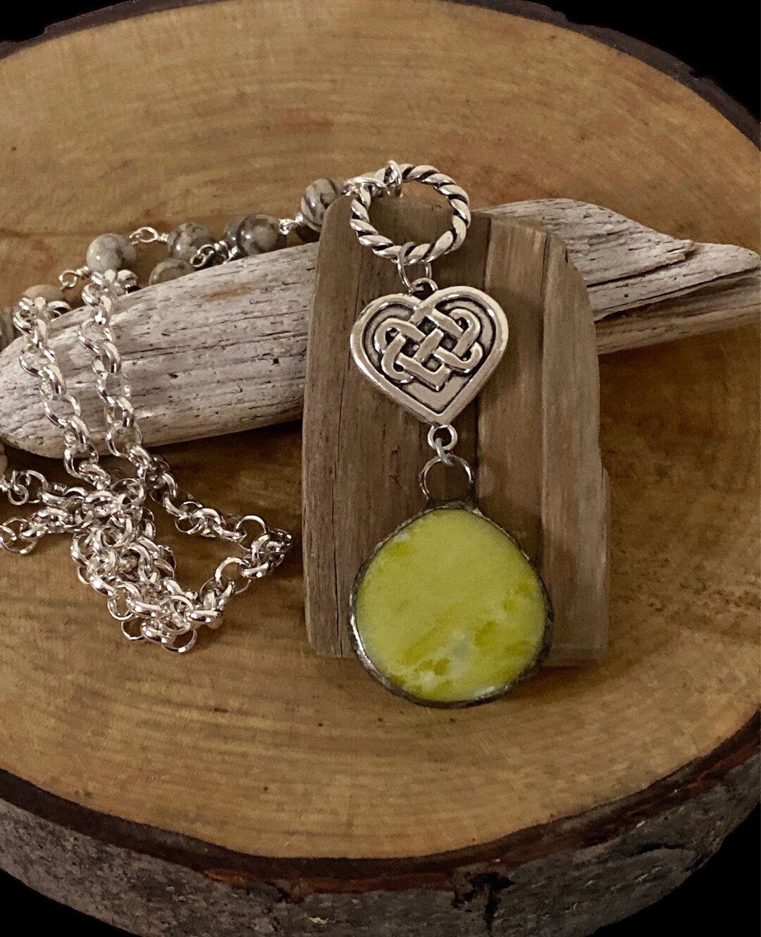 Lime Green Jade and Soft Tan Feldspar Long Soldered Pendant Necklace - Etsy