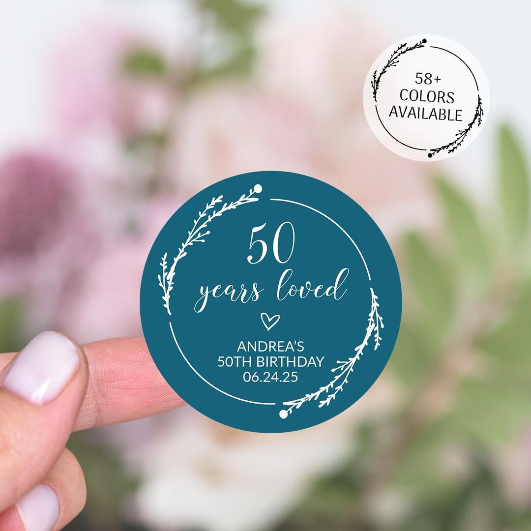 Round Birthday Stickers, Personalized 50th Birthday Party Favors Labels ...
