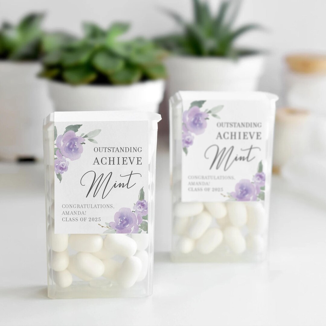 Graduation Party Favors Labels for Mints, Purple Floral Rose ...