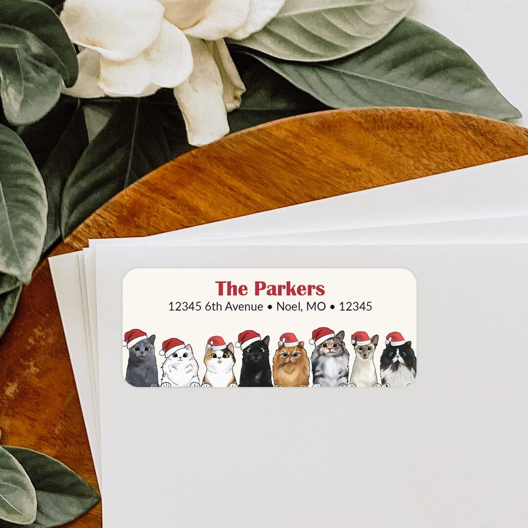 Personalized Christmas Address Labels, Quirky Santa Hat Cats, Meowy ...