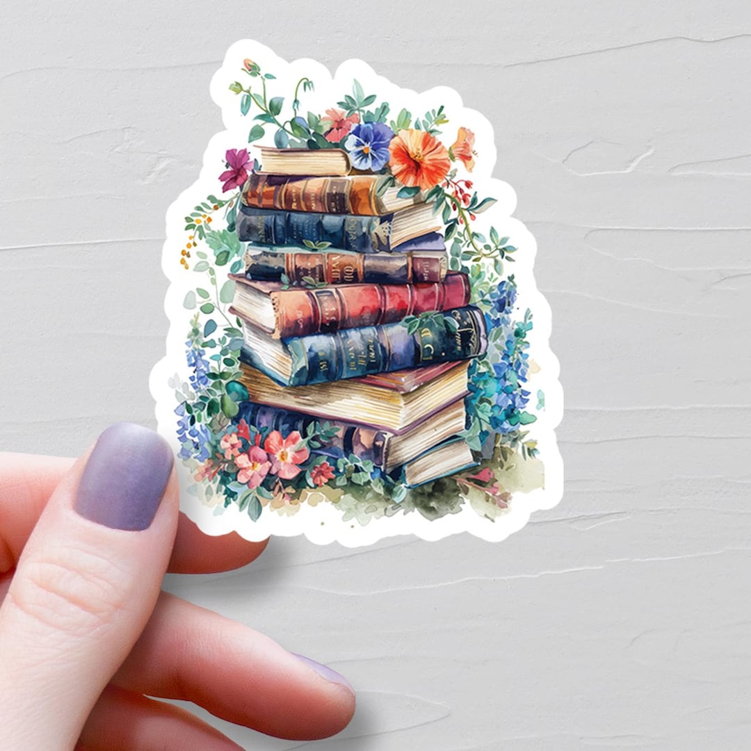 Stacked Books Sticker, Floral Book Stack Sticker, Book Lover Gift ...