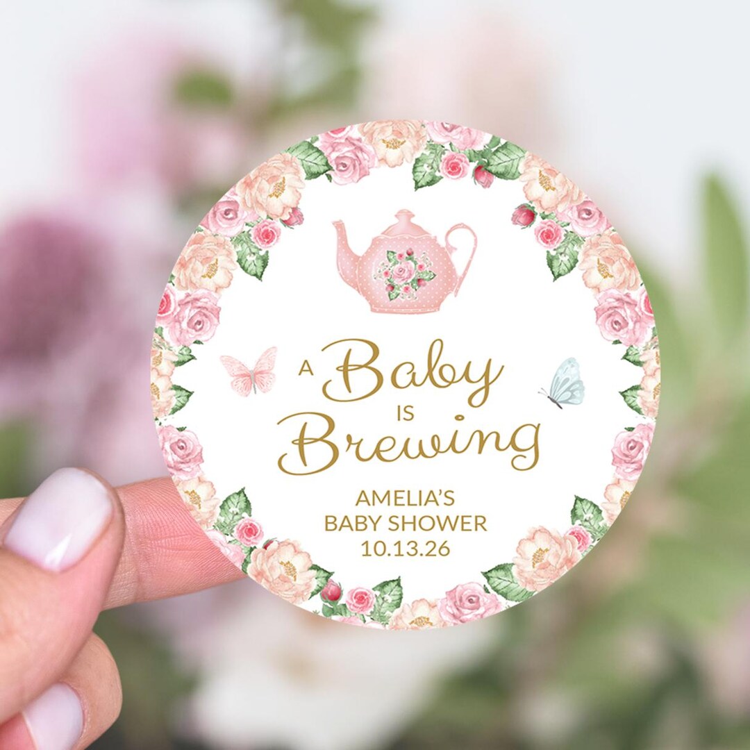 A Baby is Brewing Tea Party Stickers, Baby Shower Favor Labels, Floral ...
