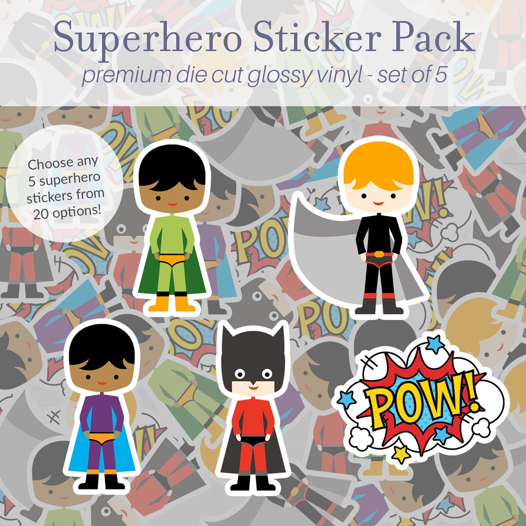 Superhero Sticker Pack of 5, Vinyl Superhero Stickers, Cute Stickers ...