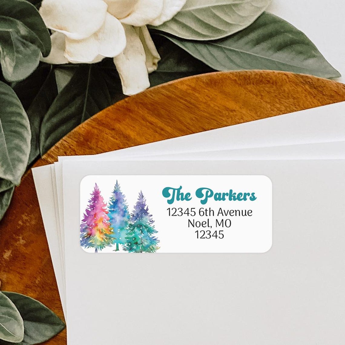 Personalized Christmas Address Labels, Bright Colorful Trees Holiday ...
