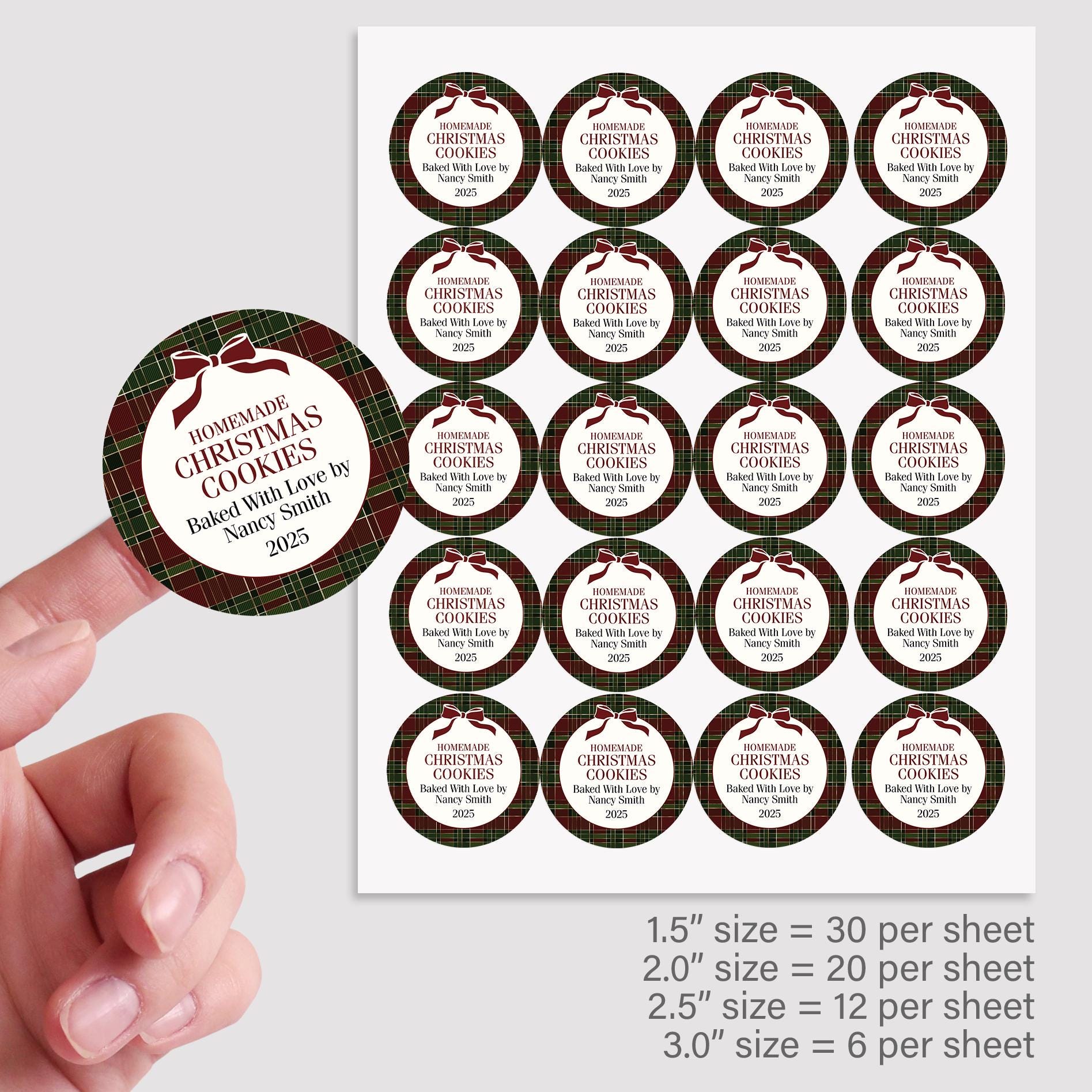 Christmas Cookie Labels Burgundy and Green Plaid Tartan Baking Stickers ...