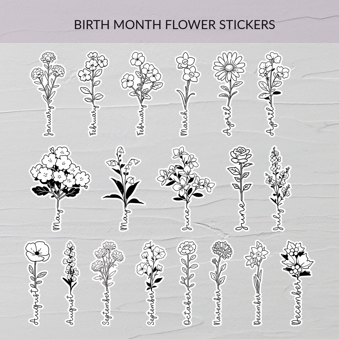 Birthflower Stickers, Birth Month Flower Stickers, Vinyl Stickers, Line ...