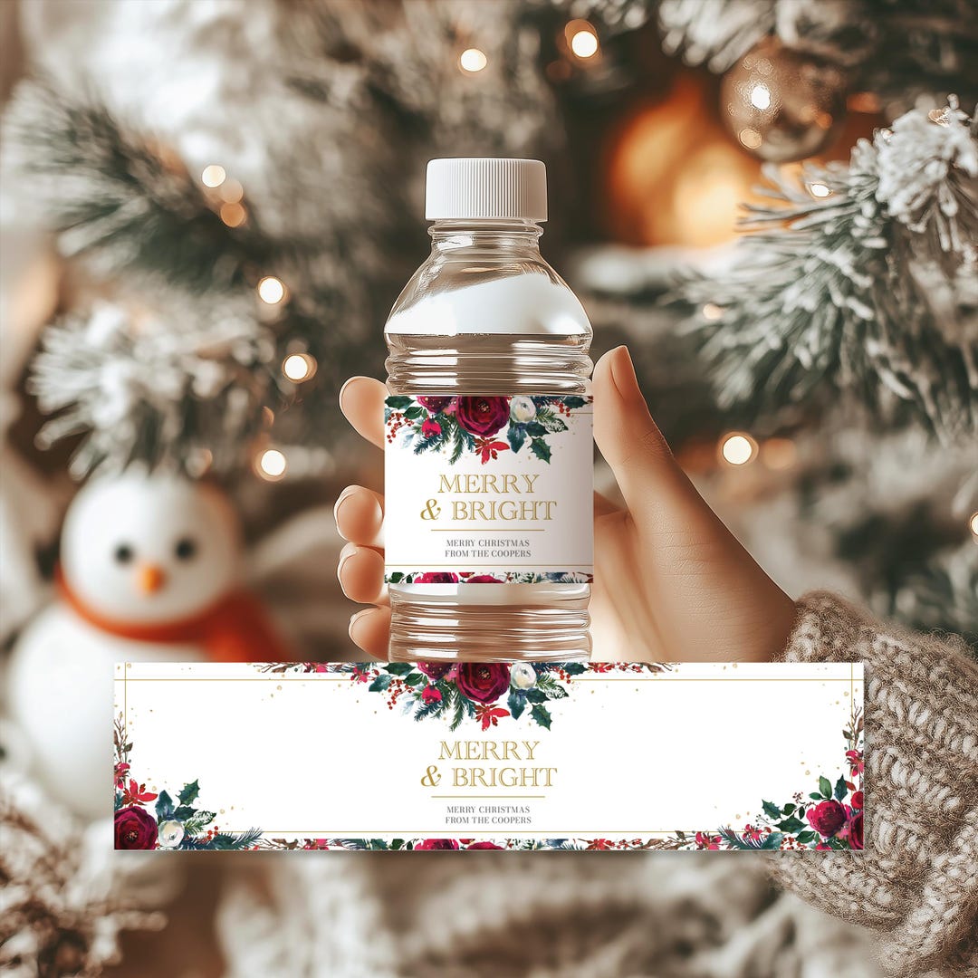 Christmas Water Bottle Labels, Custom Water Bottle Labels, Merry & Bright Christmas Water Bottle ...