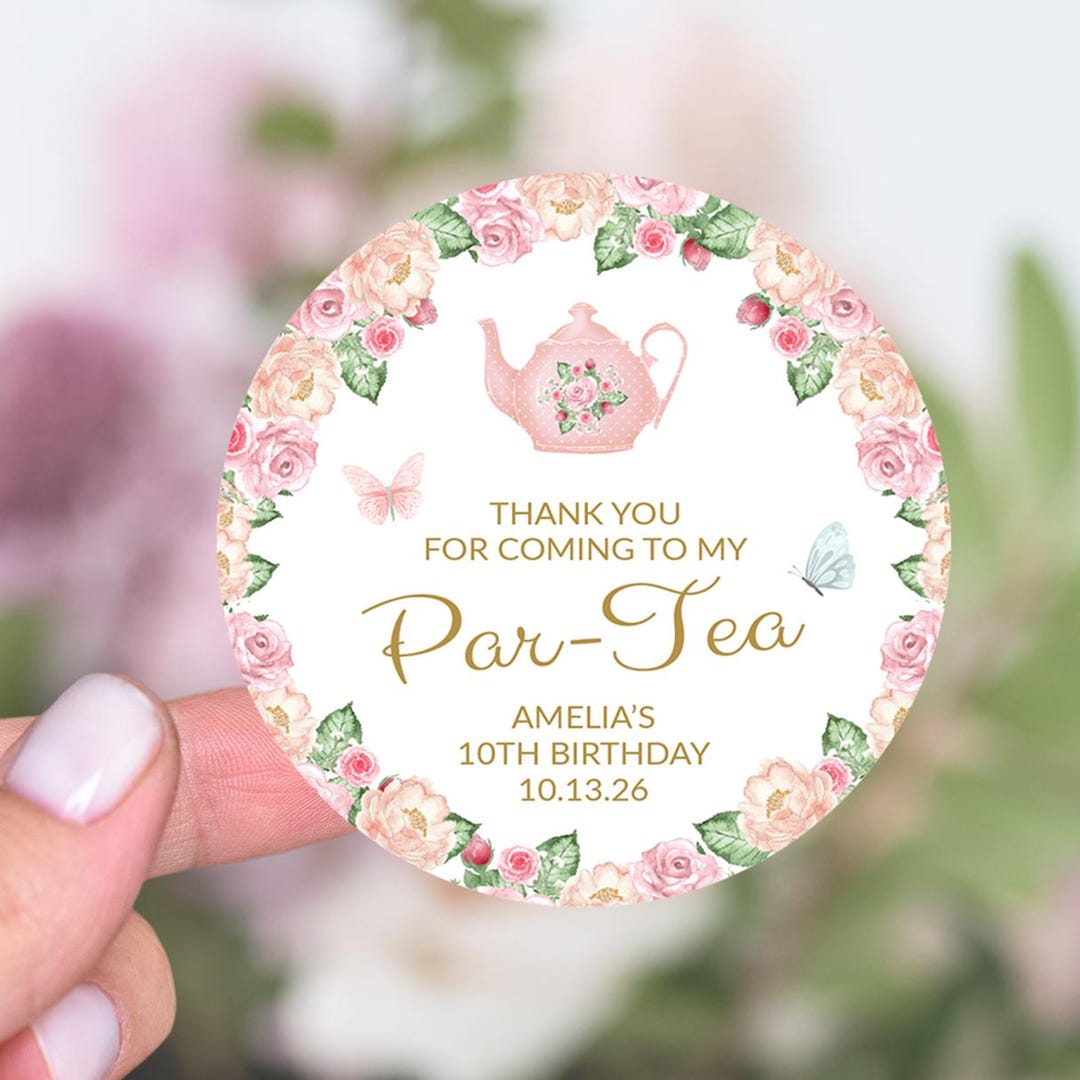 Tea Party Birthday Stickers, Par-tea Goodie Bag Labels, Floral Tea ...