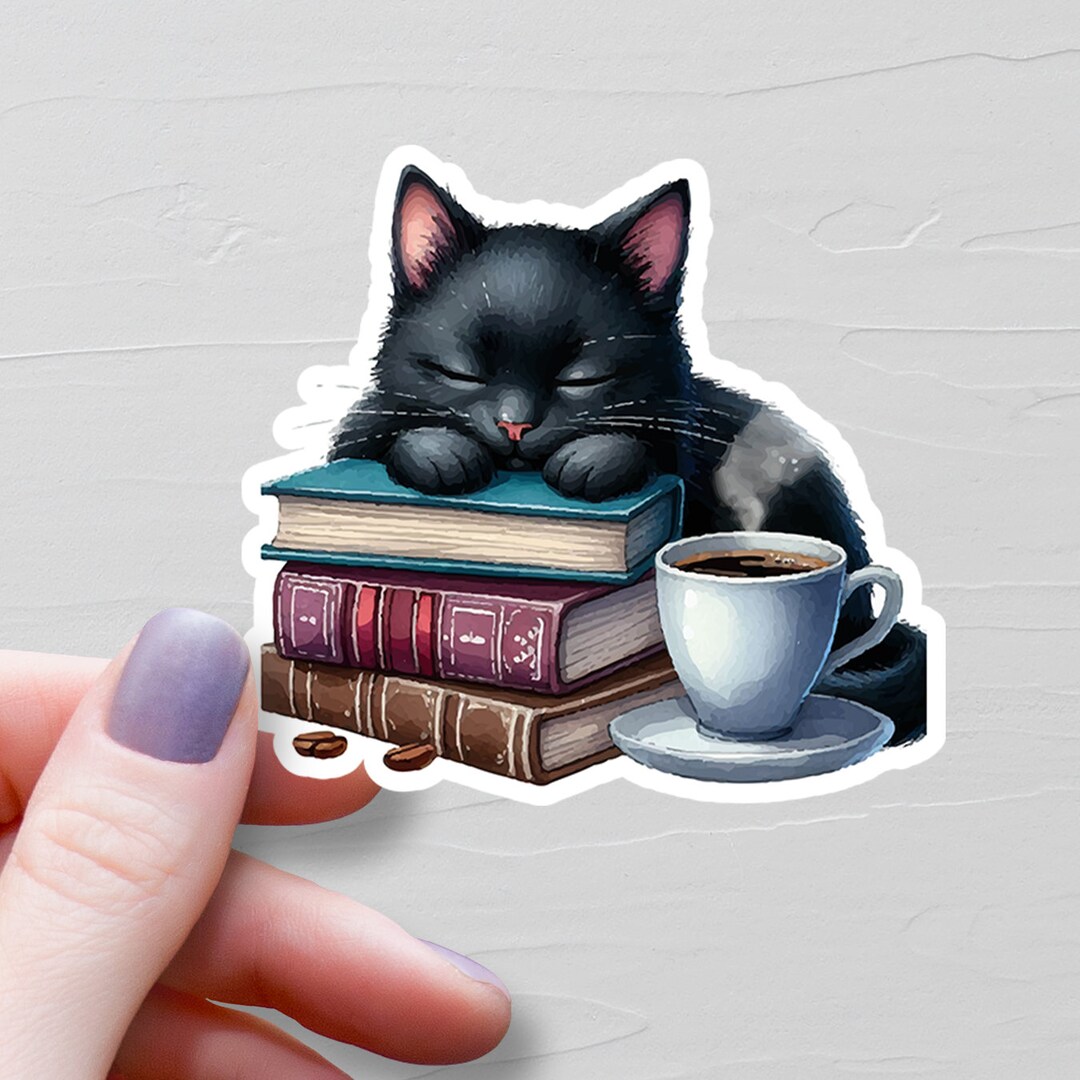 Black Cat Books Coffee Sticker, Vinyl Black Cat Stickers, Cat Lover ...