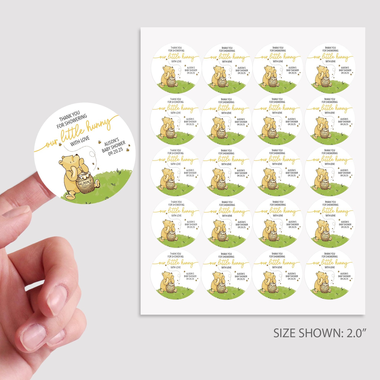 Classic Winnie the Pooh Baby Shower Favors Stickers, A Little Hunny is ...