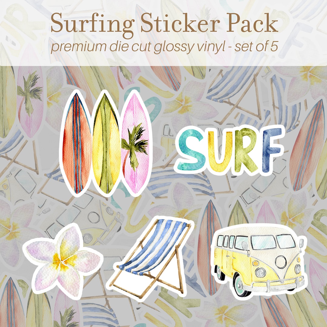 Surfing Sticker Pack of 5, Vinyl Stickers, Beach Stickers, Cute ...