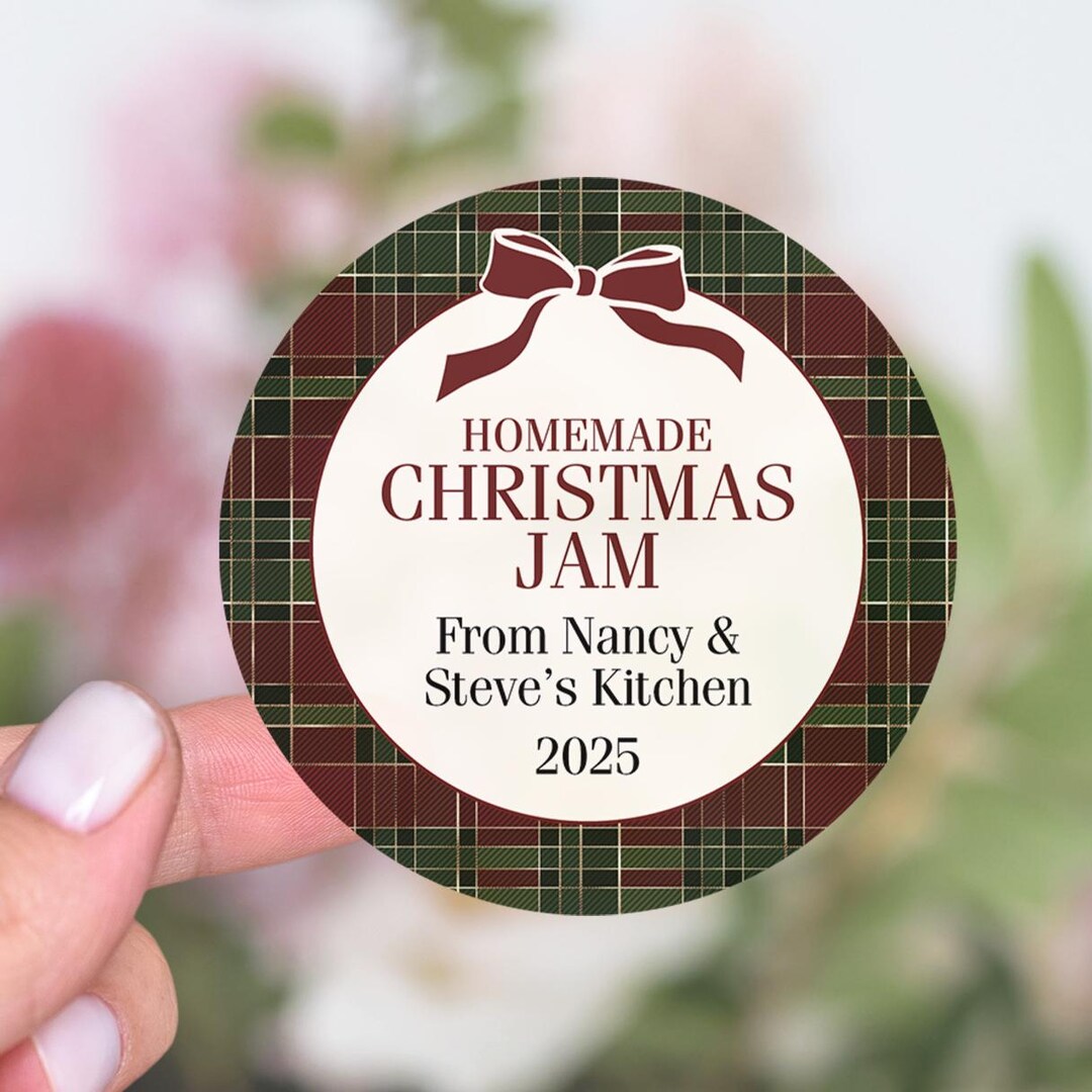 Custom Christmas Jam Labels Burgundy and Dark Green Tartan Plaid Jar ...